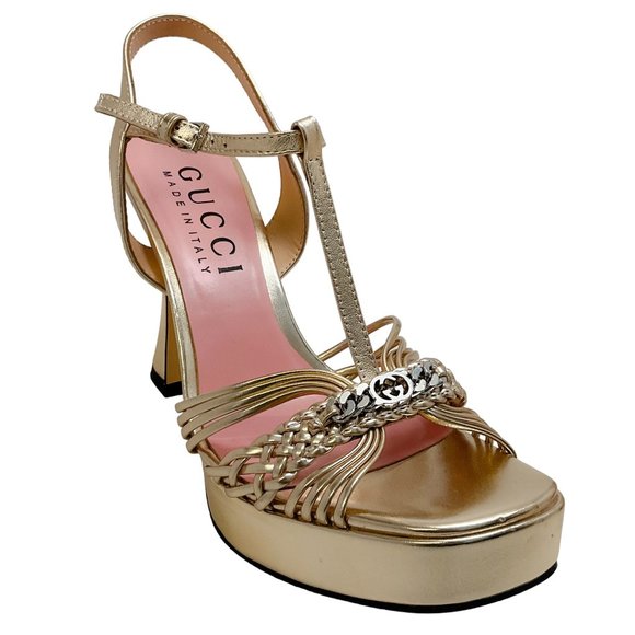 Gucci | Shoes | Gucci Gold Leather Interlocking G Platform Sandals ...